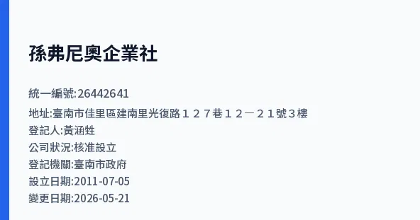 孫弗尼奧企業社的照片-統編 26442641(臺南市) 公司登記資料與營業項目詳細圖表