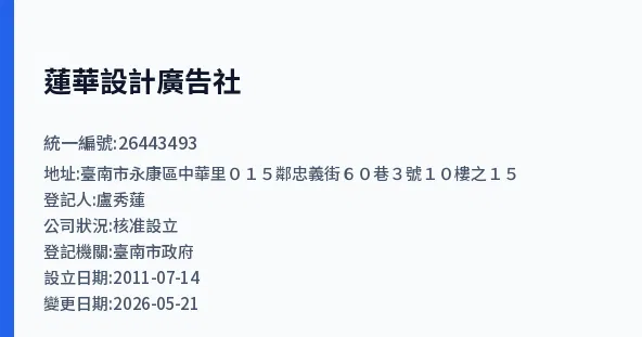 蓮華設計廣告社的照片-統編 26443493(臺南市) 公司登記資料與營業項目詳細圖表