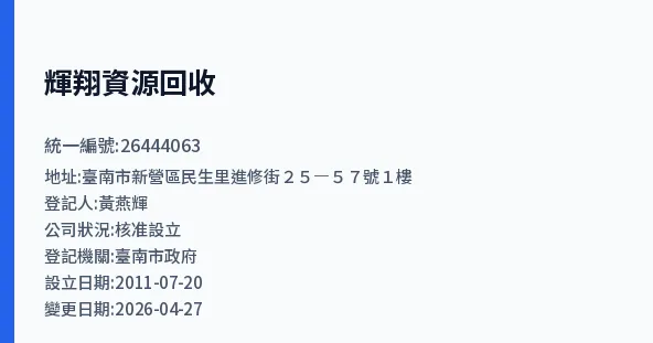 輝翔資源回收的照片-統編 26444063(臺南市) 公司登記資料與營業項目詳細圖表