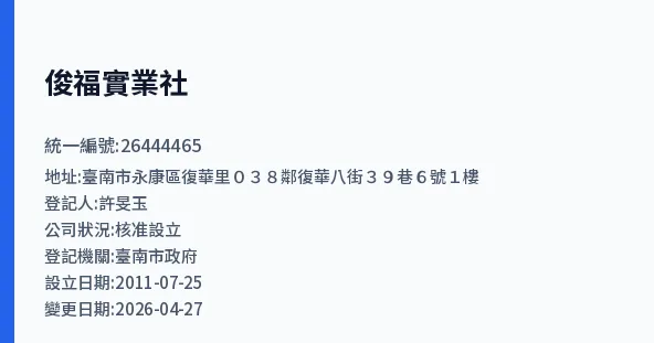 俊福實業社的照片-統編 26444465(臺南市) 公司登記資料與營業項目詳細圖表
