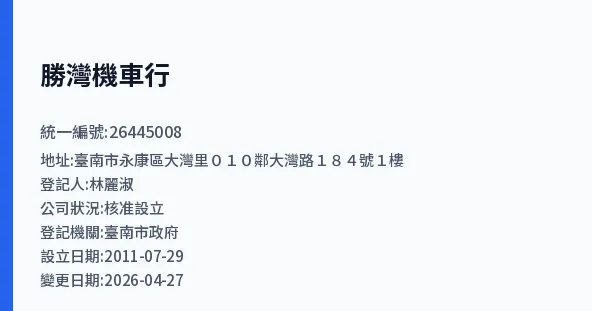 勝灣機車行的照片-統編 26445008(臺南市) 公司登記資料與營業項目詳細圖表
