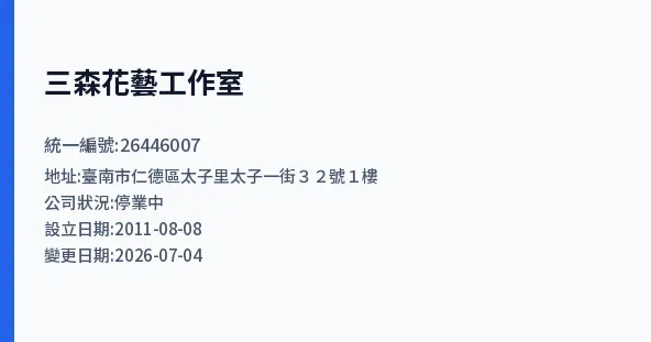 三森花藝工作室的照片-統編 26446007(臺南市) 公司登記資料與營業項目詳細圖表