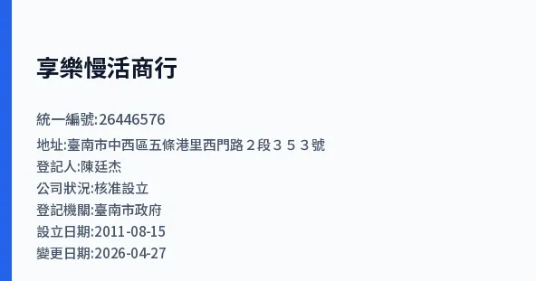 享樂慢活商行的照片-統編 26446576(臺南市) 公司登記資料與營業項目詳細圖表