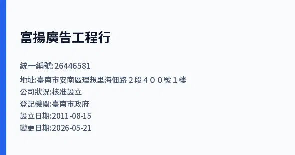 富揚廣告工程行的照片-統編 26446581(臺南市) 公司登記資料與營業項目詳細圖表