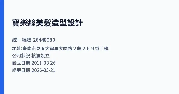 寶樂絲美髮造型設計的照片-統編 26448080(臺南市) 公司登記資料與營業項目詳細圖表