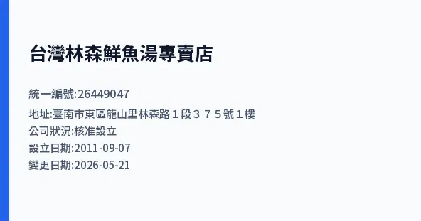 台灣林森鮮魚湯專賣店的照片-統編 26449047(臺南市) 公司登記資料與營業項目詳細圖表