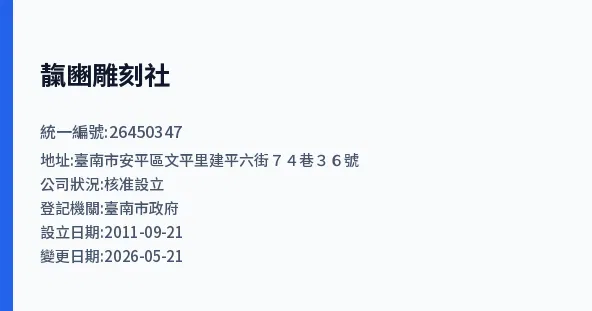 靝豳雕刻社的照片-統編 26450347(臺南市) 公司登記資料與營業項目詳細圖表