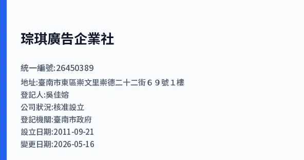 琮琪廣告企業社的照片-統編 26450389(臺南市) 公司登記資料與營業項目詳細圖表
