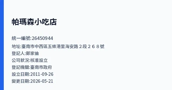帕瑪森小吃店的照片-統編 26450944(臺南市) 公司登記資料與營業項目詳細圖表