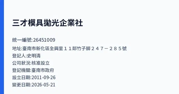三才模具拋光企業社的照片-統編 26451009(臺南市) 公司登記資料與營業項目詳細圖表