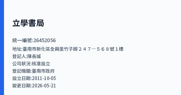 立學書局的照片-統編 26452056(臺南市) 公司登記資料與營業項目詳細圖表