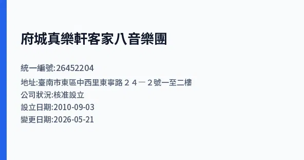 府城真樂軒客家八音樂團的照片-統編 26452204(臺南市) 公司登記資料與營業項目詳細圖表