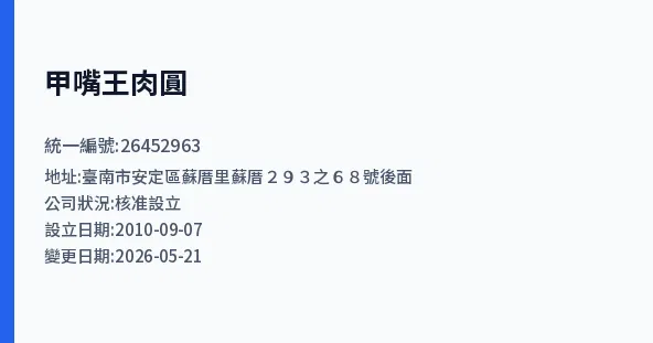 甲嘴王肉圓的照片-統編 26452963(臺南市) 公司登記資料與營業項目詳細圖表