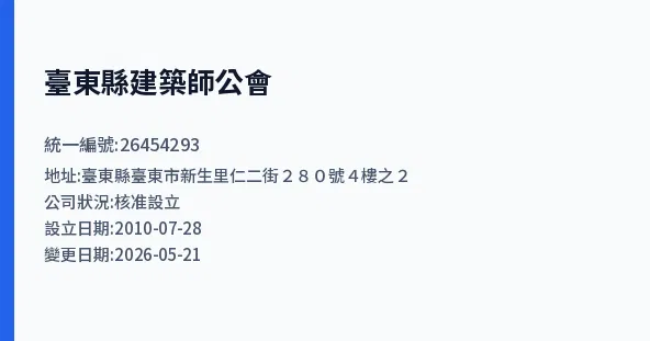 臺東縣建築師公會的照片-統編 26454293(臺東縣) 公司登記資料與營業項目詳細圖表