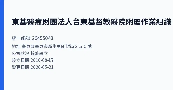 東基醫療財團法人台東基督教醫院附屬作業組織的照片-統編 26455048(臺東縣) 公司登記資料與營業項目詳細圖表