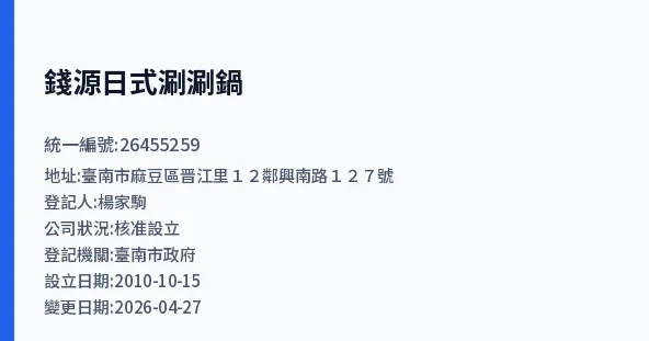 錢源日式涮涮鍋的照片-統編 26455259(臺南市) 公司登記資料與營業項目詳細圖表