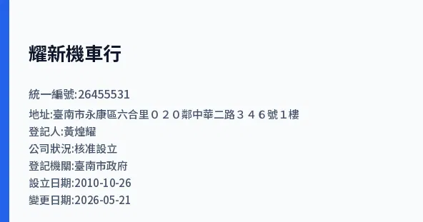 耀新機車行的照片-統編 26455531(臺南市) 公司登記資料與營業項目詳細圖表