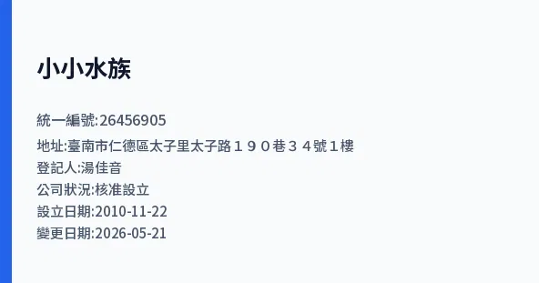 小小水族的照片-統編 26456905(臺南市) 公司登記資料與營業項目詳細圖表