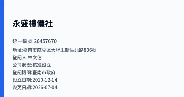 永盛禮儀社的照片-統編 26457670(臺南市) 公司登記資料與營業項目詳細圖表