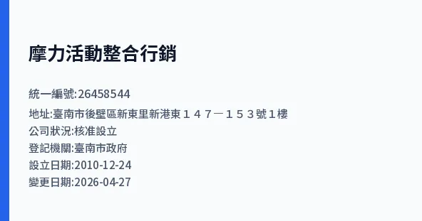 摩力活動整合行銷的照片-統編 26458544(臺南市) 公司登記資料與營業項目詳細圖表