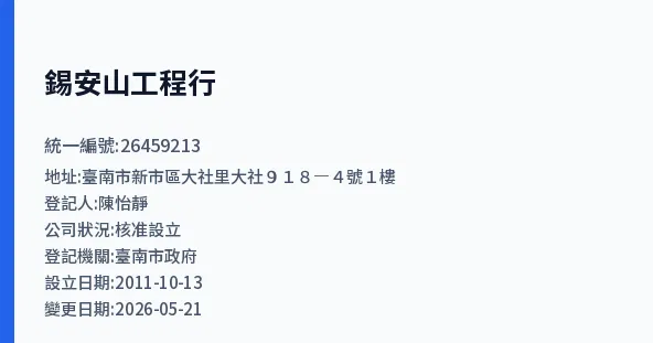 錫安山工程行的照片-統編 26459213(臺南市) 公司登記資料與營業項目詳細圖表