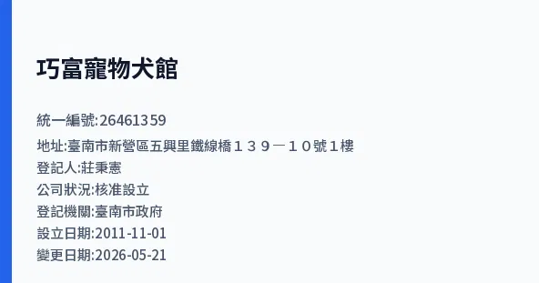 巧富寵物犬館的照片-統編 26461359(臺南市) 公司登記資料與營業項目詳細圖表