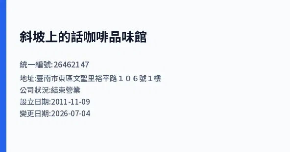 斜坡上的話咖啡品味館的照片-統編 26462147(臺南市) 公司登記資料與營業項目詳細圖表