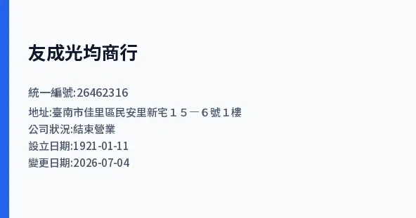 友成光均商行的照片-統編 26462316(臺南市) 公司登記資料與營業項目詳細圖表