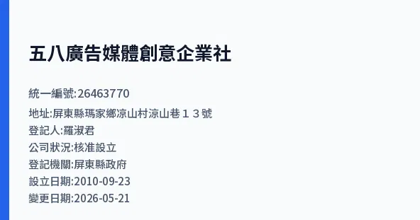五八廣告媒體創意企業社的照片-統編 26463770(屏東縣) 公司登記資料與營業項目詳細圖表