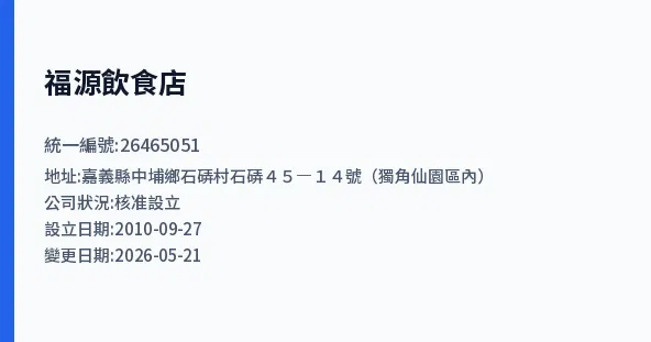 福源飲食店的照片-統編 26465051(嘉義縣) 公司登記資料與營業項目詳細圖表
