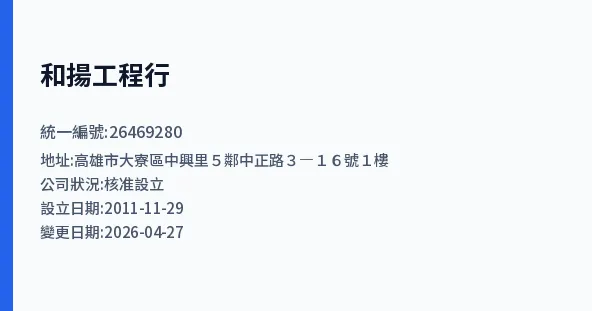 和揚工程行的照片-統編 26469280(高雄市) 公司登記資料與營業項目詳細圖表