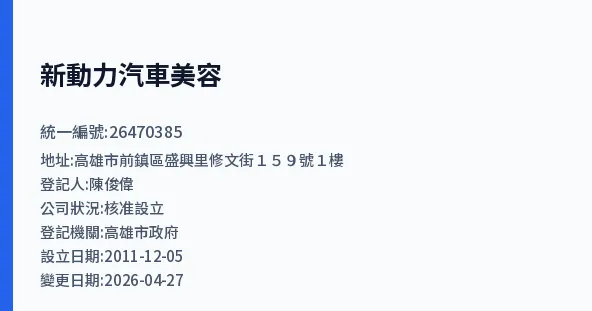 新動力汽車美容的照片-統編 26470385(高雄市) 公司登記資料與營業項目詳細圖表