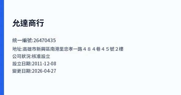 允達商行的照片-統編 26470435(高雄市) 公司登記資料與營業項目詳細圖表