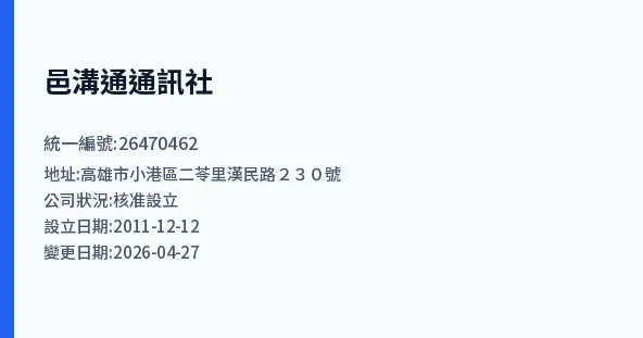 邑溝通通訊社的照片-統編 26470462(高雄市) 公司登記資料與營業項目詳細圖表