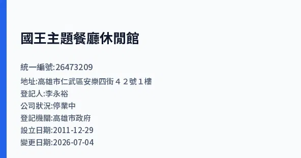 國王主題餐廳休閒館的照片-統編 26473209(高雄市) 公司登記資料與營業項目詳細圖表