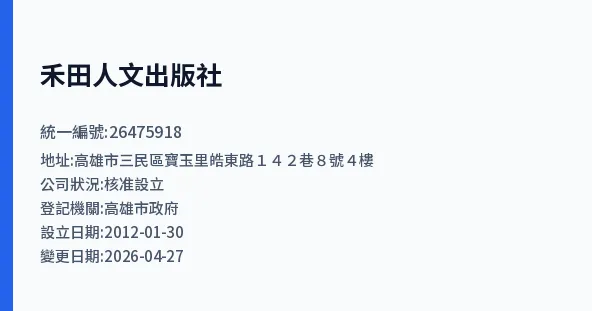 禾田人文出版社的照片-統編 26475918(高雄市) 公司登記資料與營業項目詳細圖表