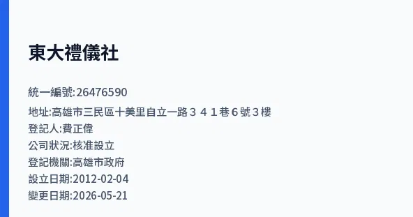 東大禮儀社的照片-統編 26476590(高雄市) 公司登記資料與營業項目詳細圖表