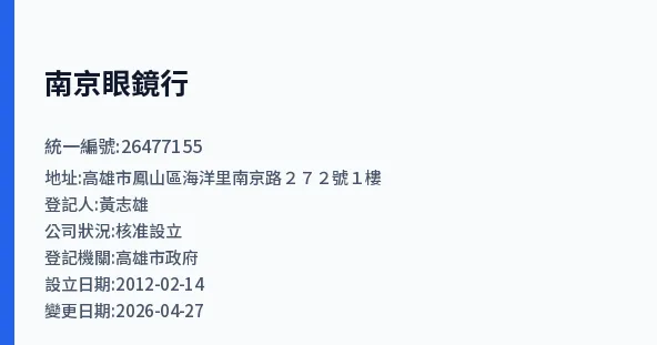 南京眼鏡行的照片-統編 26477155(高雄市) 公司登記資料與營業項目詳細圖表