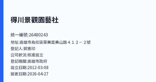 得川景觀園藝社的照片-統編 26480243(高雄市) 公司登記資料與營業項目詳細圖表