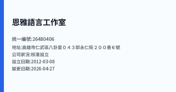 恩雅語言工作室的照片-統編 26480406(高雄市) 公司登記資料與營業項目詳細圖表