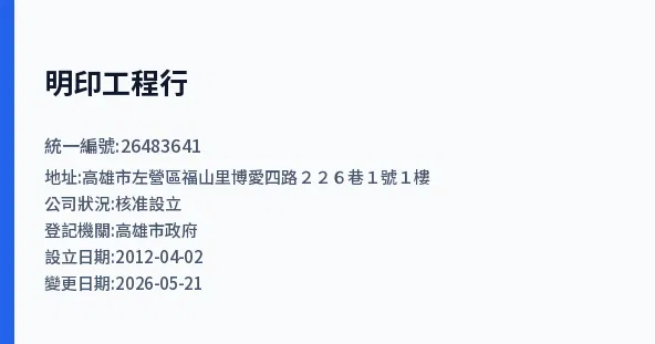 明印工程行的照片-統編 26483641(高雄市) 公司登記資料與營業項目詳細圖表