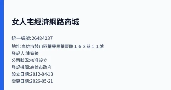 女人宅經濟網路商城的照片-統編 26484037(高雄市) 公司登記資料與營業項目詳細圖表