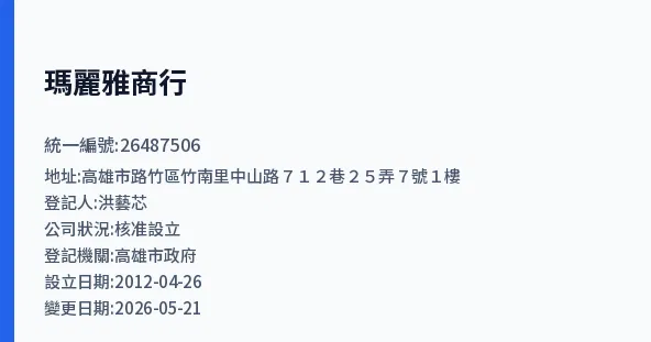 瑪麗雅商行的照片-統編 26487506(高雄市) 公司登記資料與營業項目詳細圖表