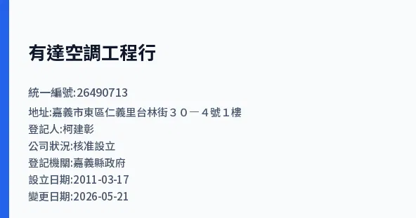 有達空調工程行的照片-統編 26490713(嘉義市) 公司登記資料與營業項目詳細圖表