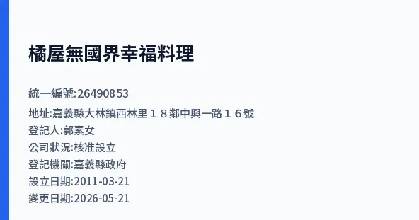 橘屋無國界幸福料理的照片-統編 26490853(嘉義縣) 公司登記資料與營業項目詳細圖表