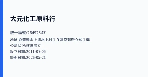大元化工原料行的照片-統編 26492347(嘉義縣) 公司登記資料與營業項目詳細圖表