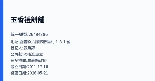 玉香禮餅舖的照片-統編 26494886(嘉義縣) 公司登記資料與營業項目詳細圖表