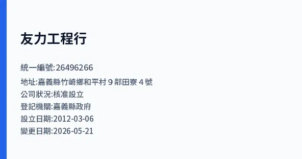 友力工程行的照片-統編 26496266(嘉義縣) 公司登記資料與營業項目詳細圖表