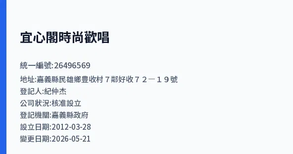 宜心閣時尚歡唱的照片-統編 26496569(嘉義縣) 公司登記資料與營業項目詳細圖表
