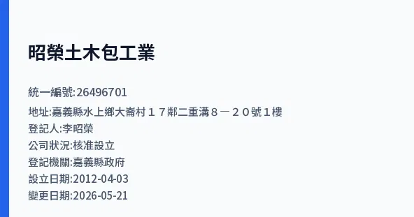 昭榮土木包工業的照片-統編 26496701(嘉義縣) 公司登記資料與營業項目詳細圖表